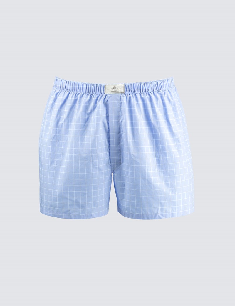 Men's Light Blue Check Cotton Boxer Shorts | Hawes & Curtis