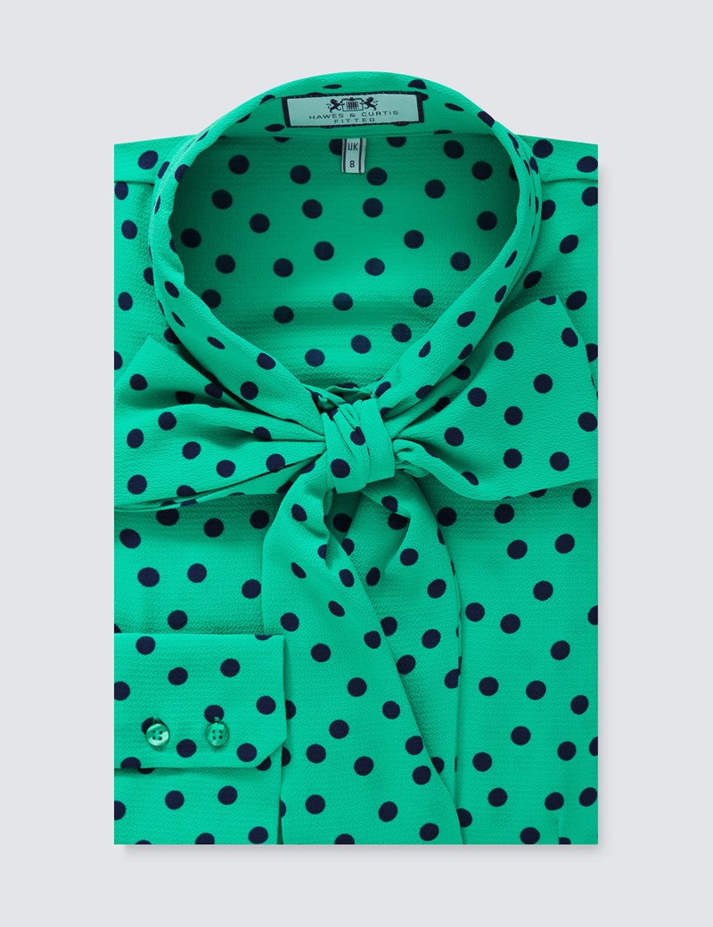 Womens Green And Navy Spot Print Fitted Blouse Single Cuff Pussy Bow