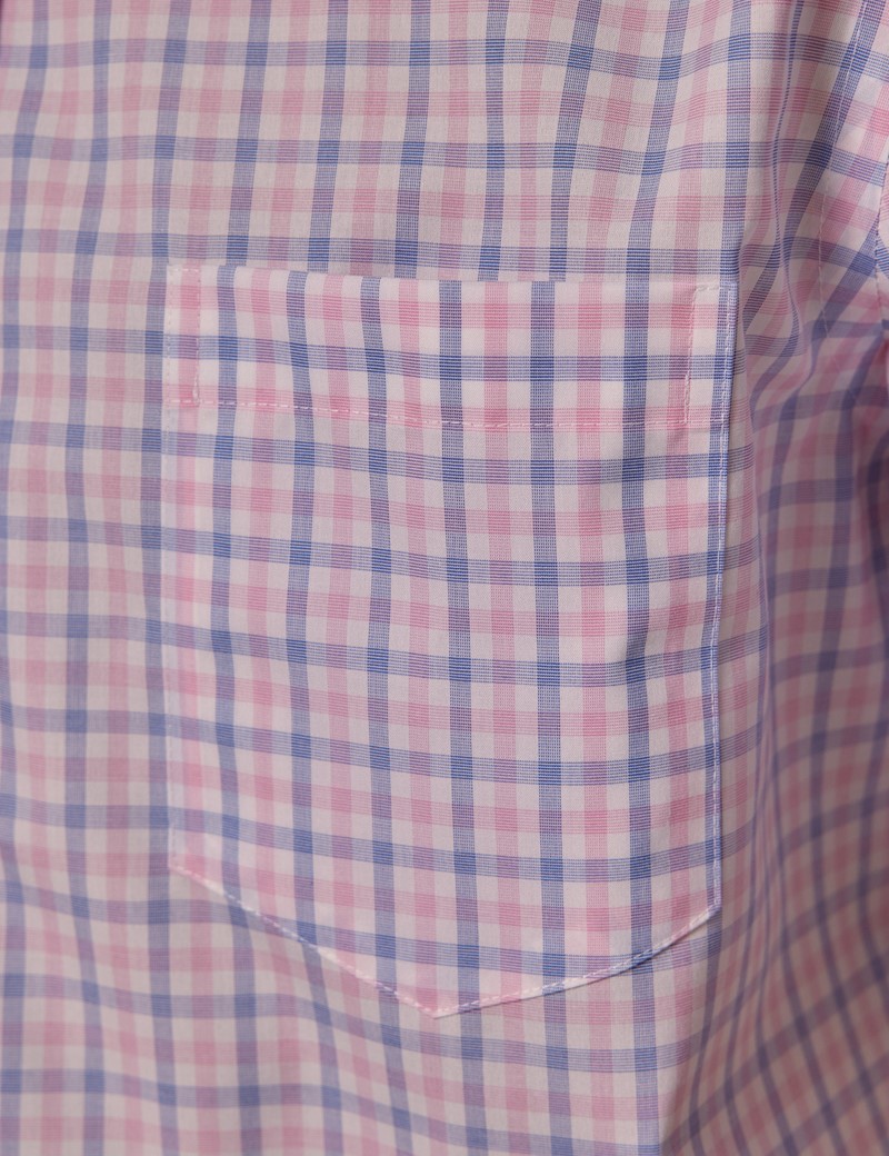 Men's Non-Iron Pink & Blue Multi Check Tailored Fit Short Sleeve Shirt ...