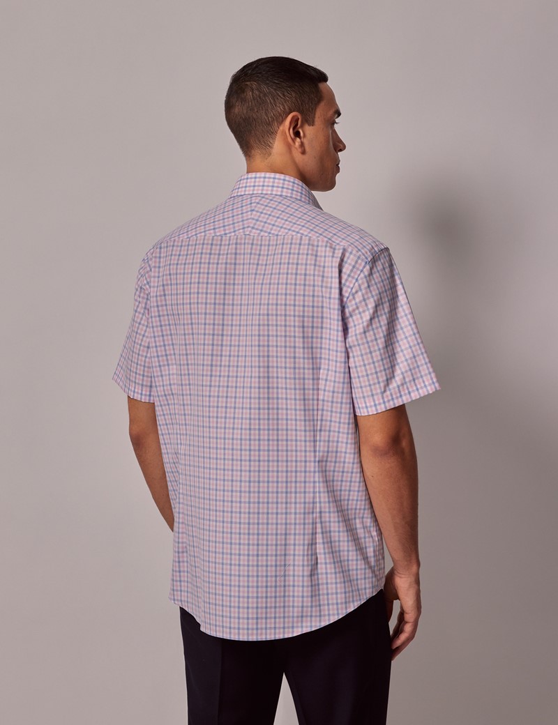 Men's Non-Iron Pink & Blue Multi Check Tailored Fit Short Sleeve Shirt ...