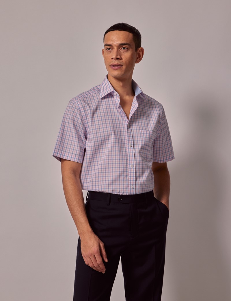 Men's Non-Iron Pink & Blue Check Tailored Short Sleeve Shirt – Chest ...
