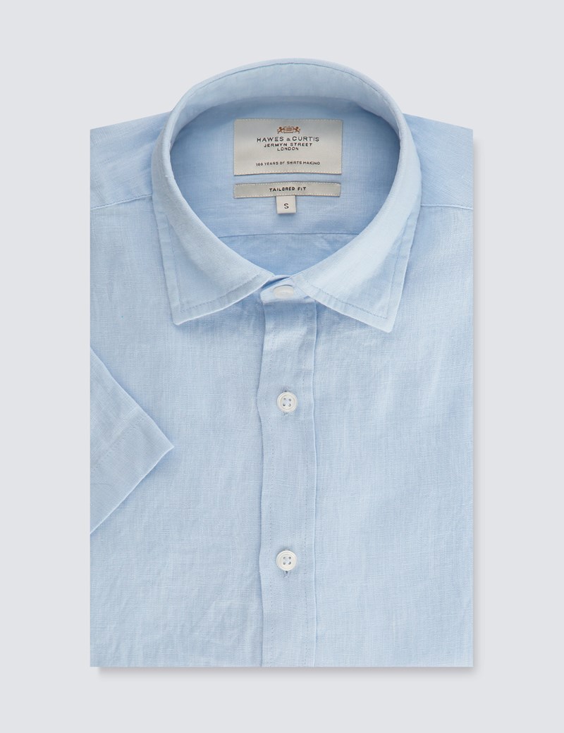 Mens Blue Tailored Fit Short Sleeve Linen Shirt Hawes And Curtis
