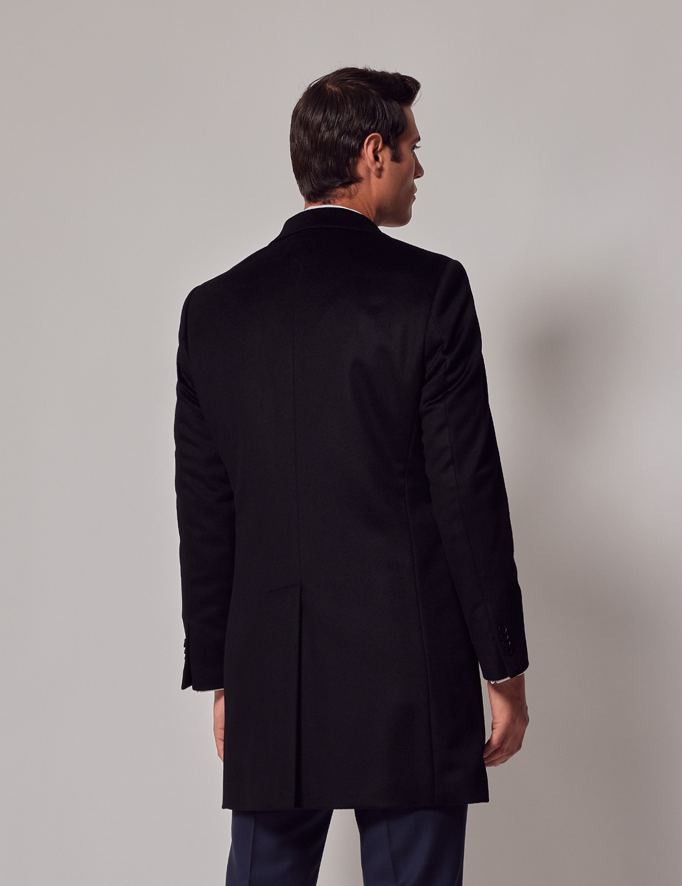 Men’s Black Wool Overcoat with Back Vent | Hawes & Curtis