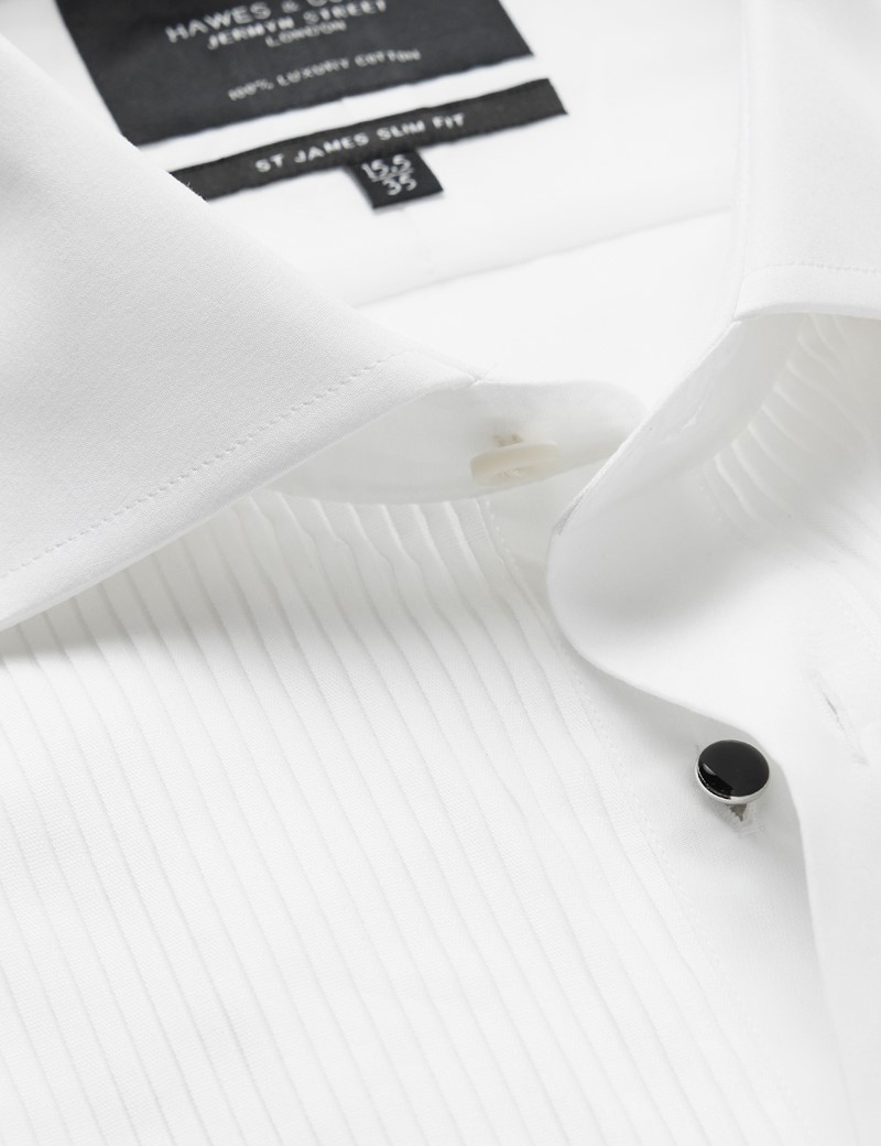 Men's White Pleat Front Slim Evening Shirt - Double Cuff | Hawes & Curtis