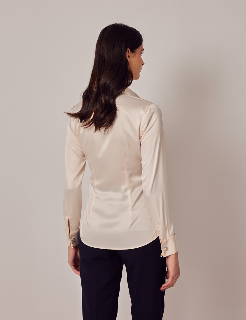 Cream Fitted Satin Shirt - Double Cuffs | Hawes And Curtis
