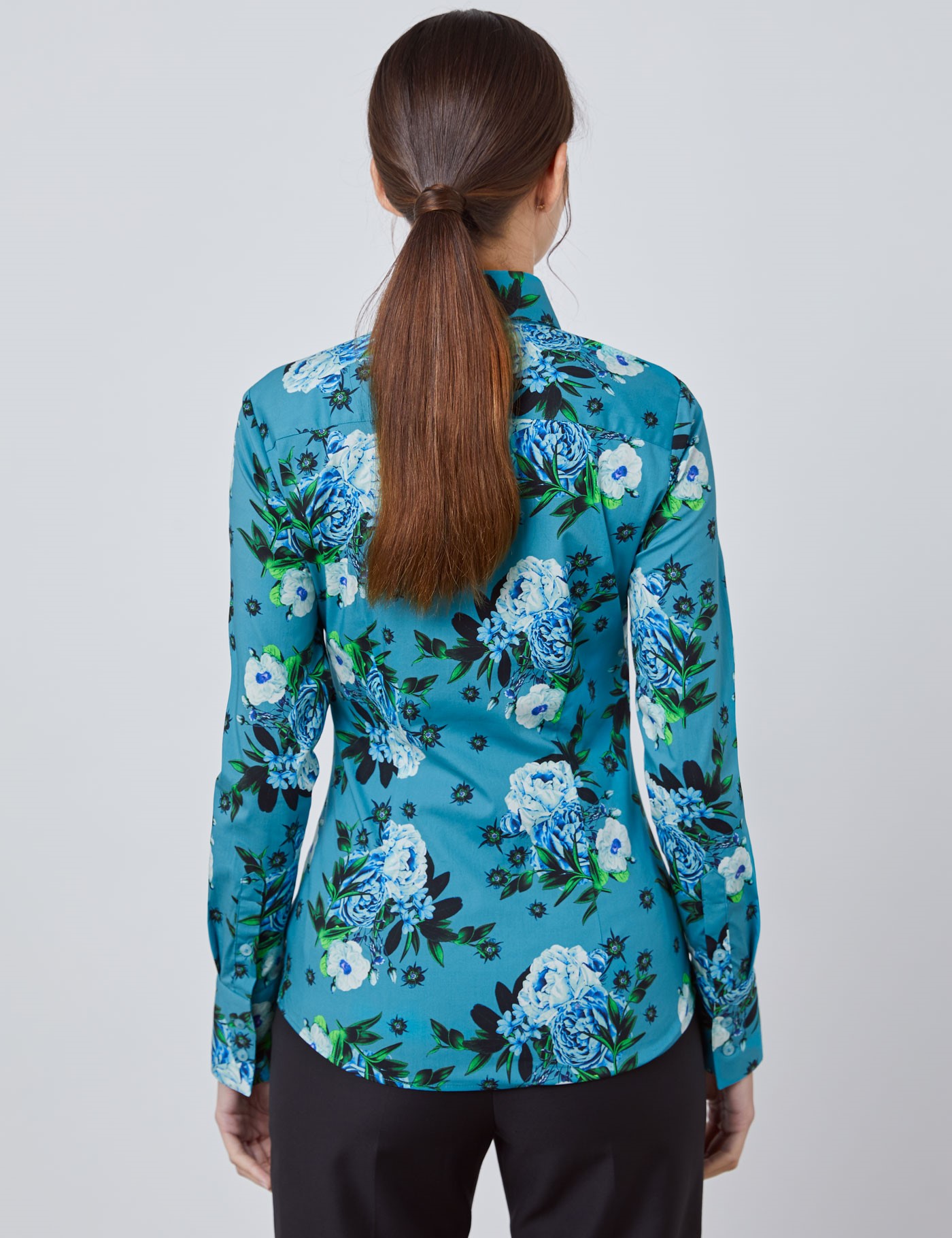 Womens Teal And Blue Floral Fitted Shirt Single Cuff Hawes And Curtis