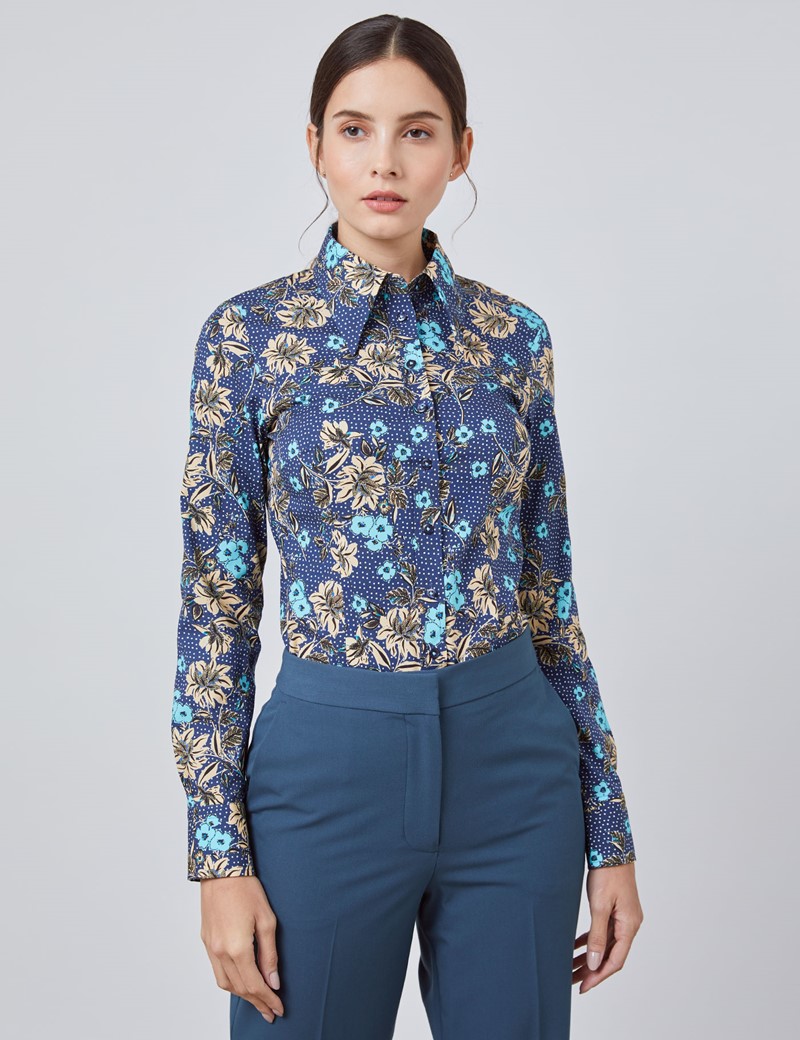 Womens Navy And Light Blue Vintage Spot Floral Fitted Shirt Single
