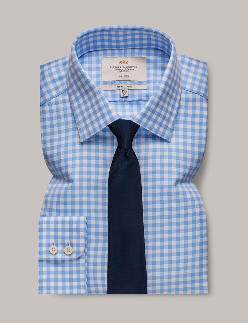 Men's Non-Iron Blue & White Gingham Check Fitted Slim Shirt