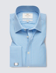 Non-Iron Blue & White Gingham Check Fitted Slim Shirt - Semi Cutaway Collar - Double Cuffs ...