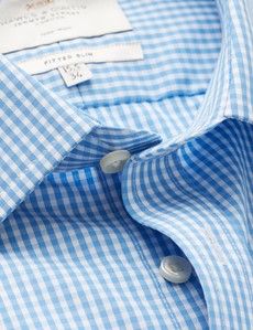 Non-Iron Blue & White Gingham Check Fitted Slim Shirt - Semi Cutaway Collar - Double Cuffs ...