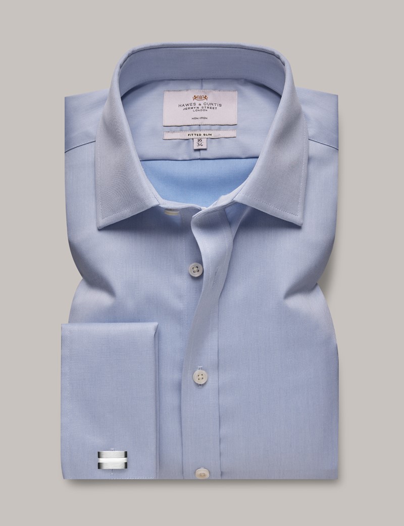 Men's Non-Iron Blue Twill Fitted Slim Shirt - French Cuff