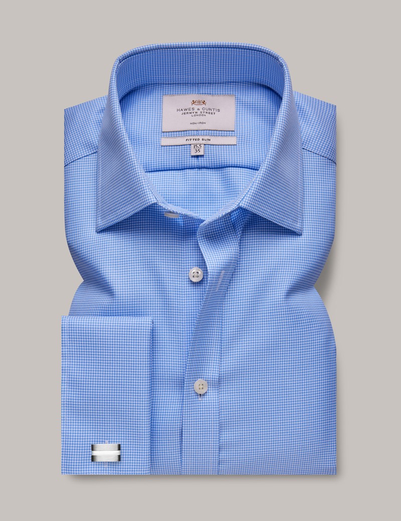 Men's Non-Iron Blue & White Dobby Fitted Slim Shirt - Double Cuff ...