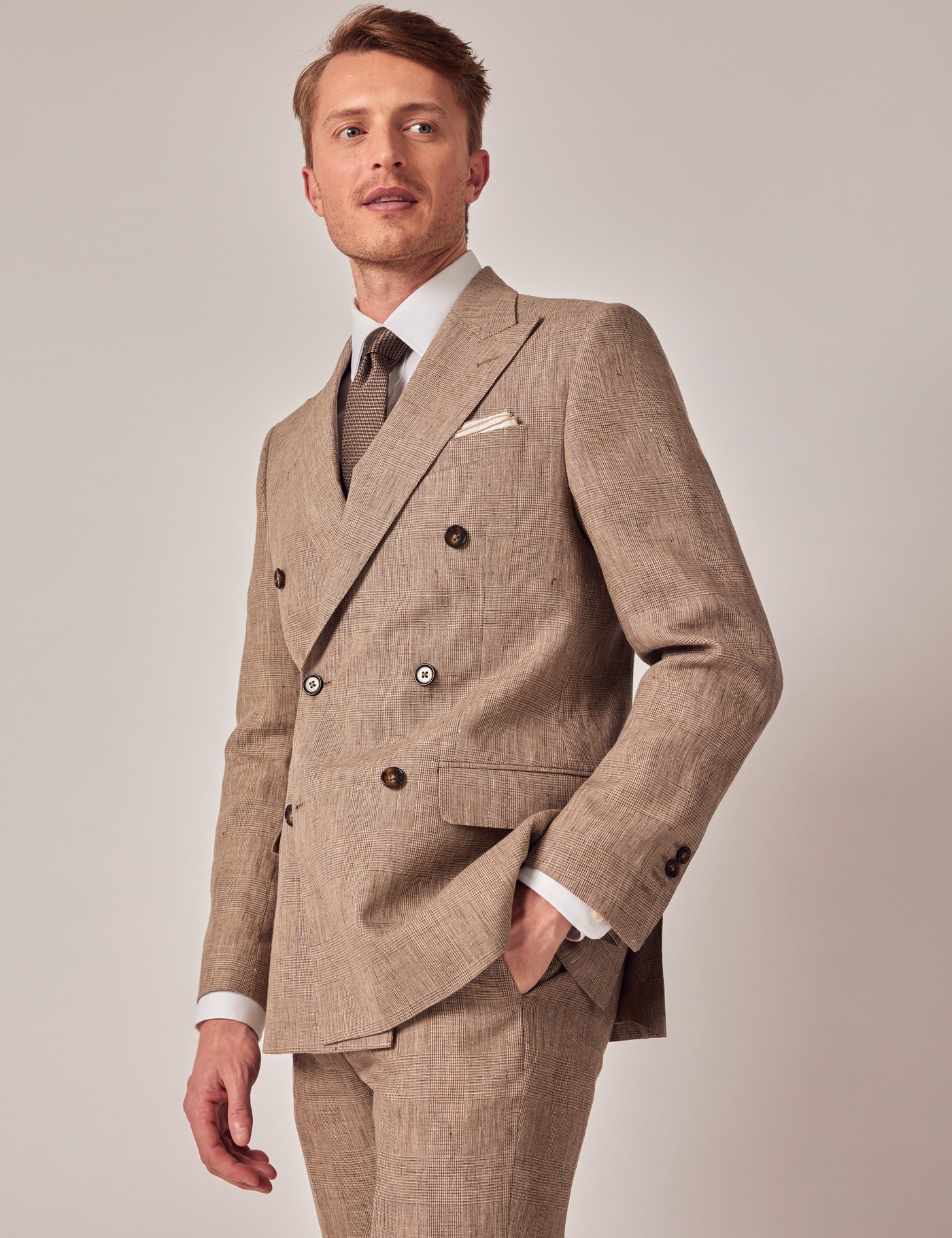 Brown Check Double Breasted 2 Piece Linen Tailored Suit Hawes And Curtis
