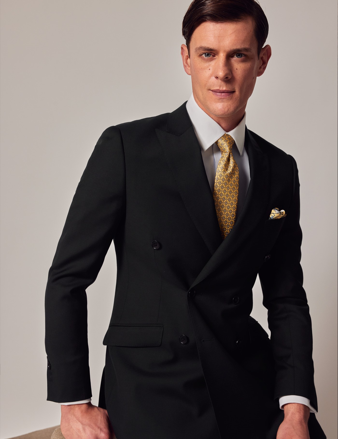 Black Twill Double Breasted Slim Fit Suit | Hawes and Curtis