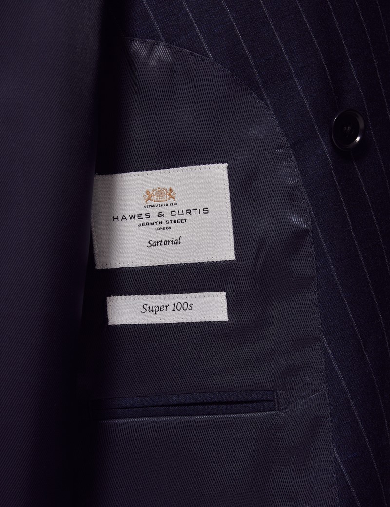 Men's Navy Chalk Stripe Double Breasted Slim Fit Suit | Hawes & Curtis