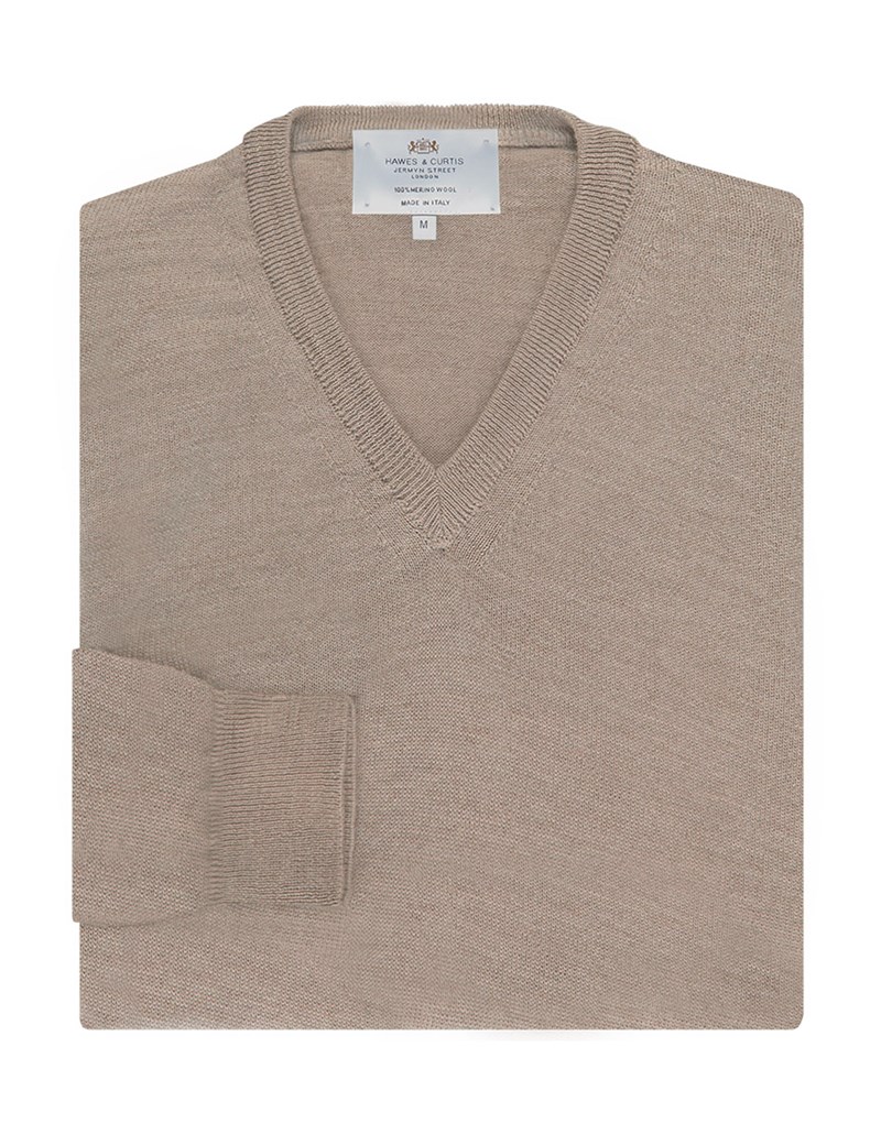 Mens Beige V Neck Slim Fit Merino Wool Sweater Hawes And Curtis