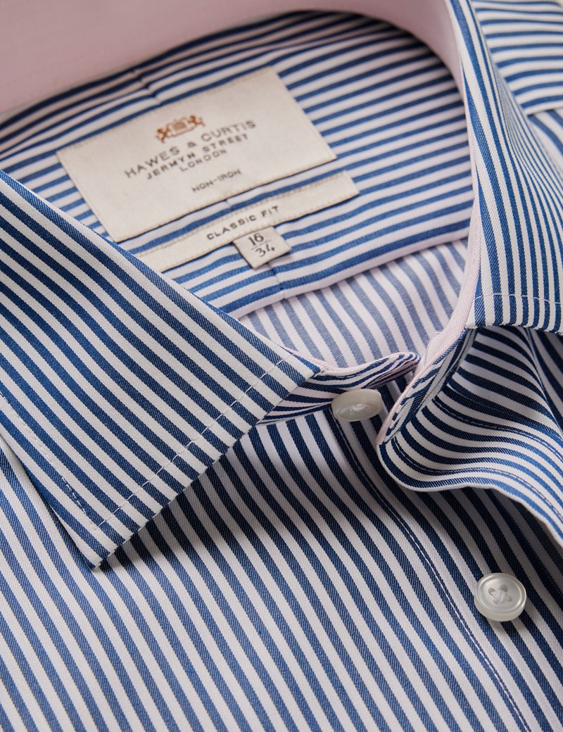 Mens Non Iron Navy And White Bengal Stripe Classic Shirt Contrast