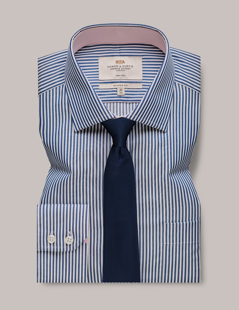 Mens Non Iron Navy And White Bengal Stripe Classic Shirt Contrast