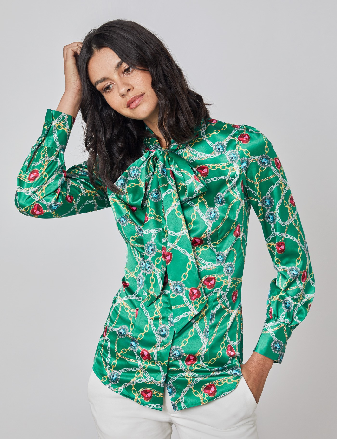 Print Fitted Womens Satin Blouse With Single Cuff In Green And Gold