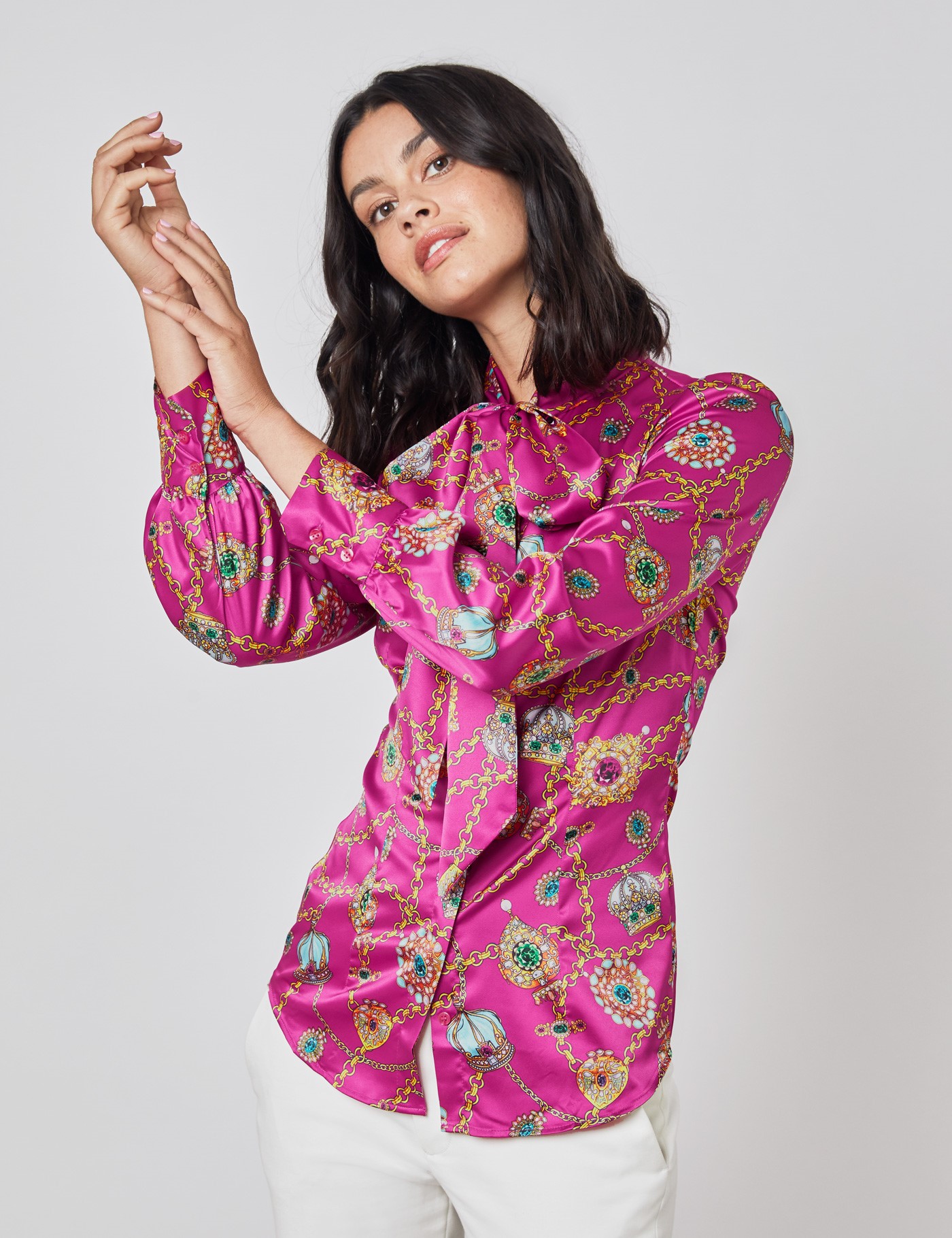 Satin Womens Fitted Shirt With Crown Jewels Print And Pussy Bow In Pink And Gold Hawes And Curtis