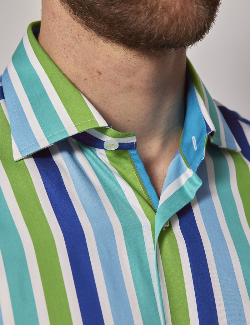 Men's Blue & Green Stripe Slim Shirt | Hawes & Curtis