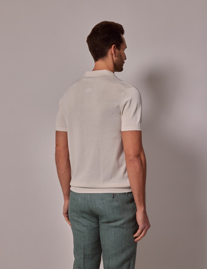 Men's Cream Open Collar Knitted Cotton Polo Shirt – Short Sleeve ...