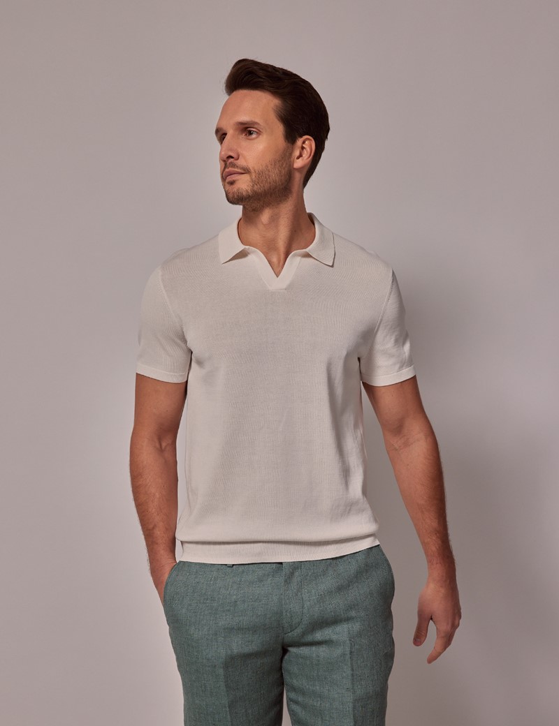 Men's Cream Open Collar Knitted Cotton Polo Shirt – Short Sleeve ...