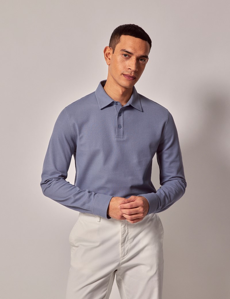 Men's Ocean Blue Mercerised Cotton Long Sleeve Polo Shirt | Hawes and ...