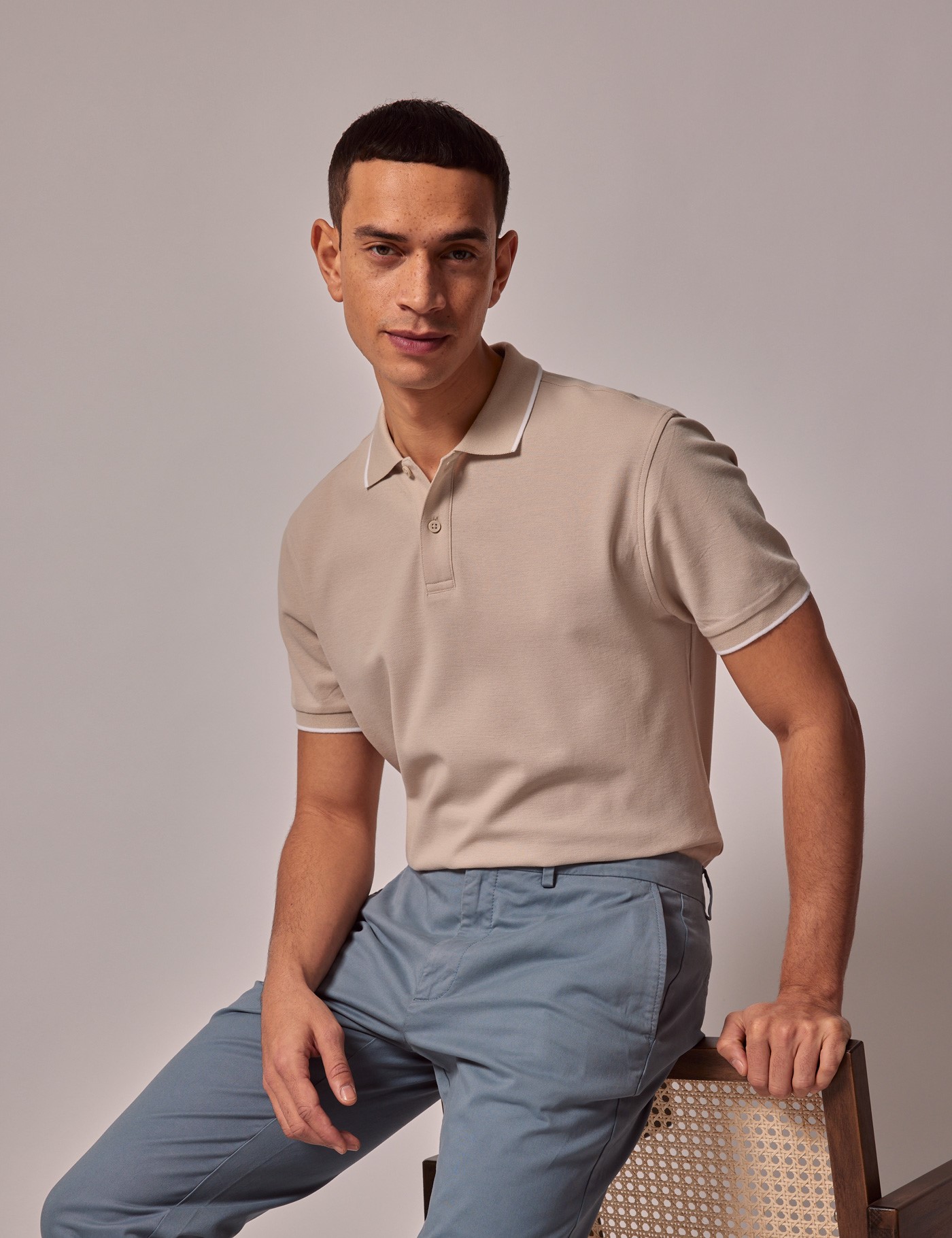 Men's Beige Tipped Mercerised Cotton Long Sleeve Polo Shirt | Hawes and ...