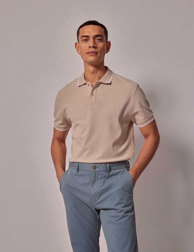 Men's Beige Tipped Mercerised Cotton Long Sleeve Polo Shirt | Hawes and ...