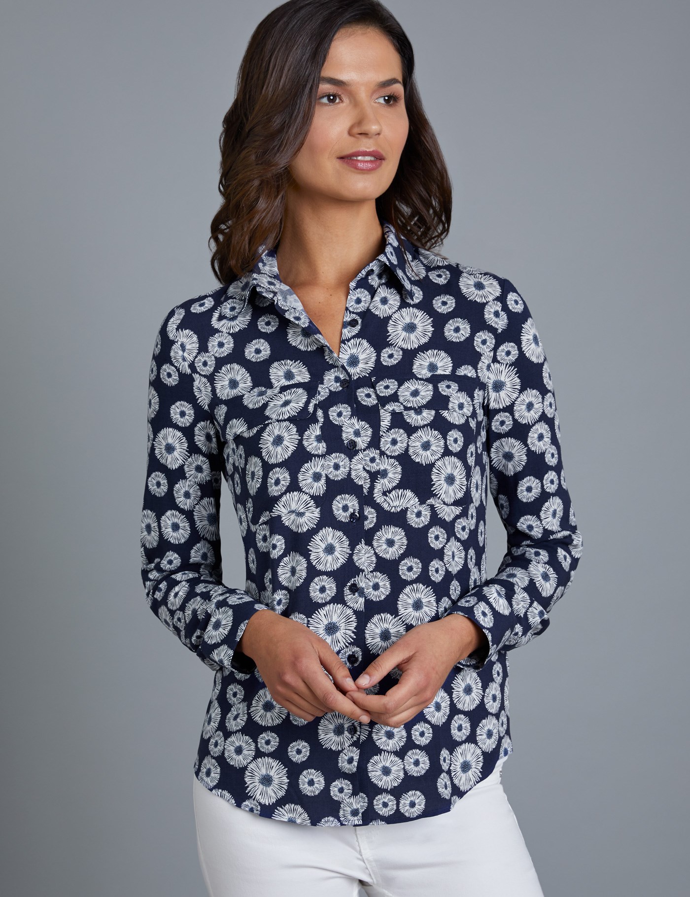 Womens Navy And White Daisy Print Relaxed Fit Shirt Single Cuff