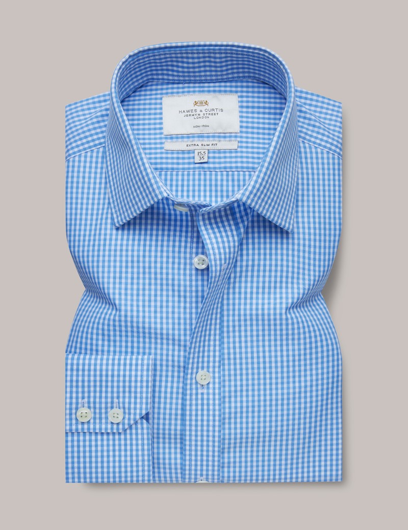 Non-Iron Blue & White Gingham Check Extra Slim Shirt | Hawes & Curtis