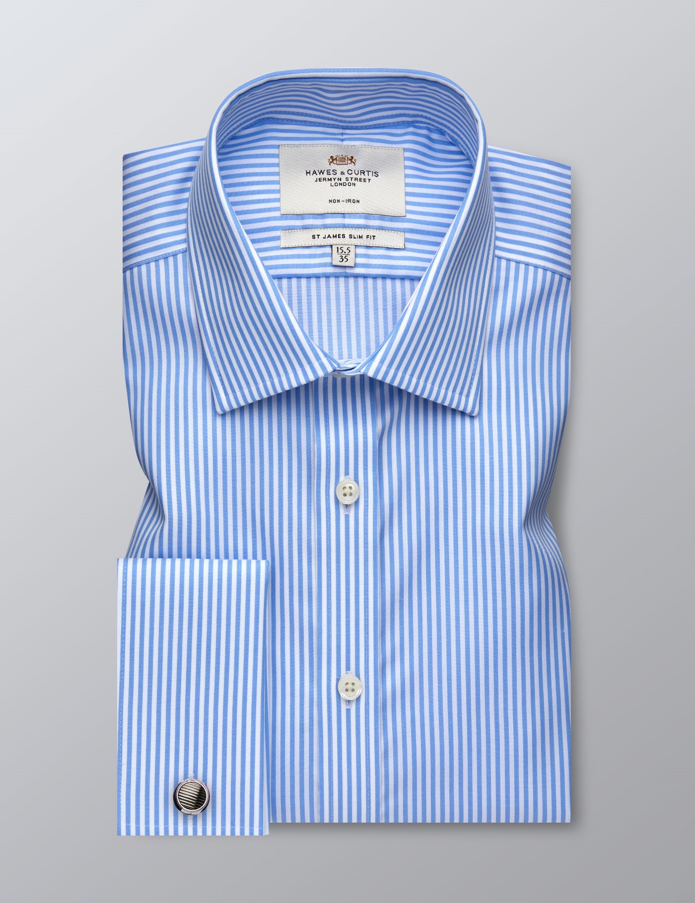 Mens Formal Blue And White Bengal Stripe Slim Fit Shirt Double Cuff