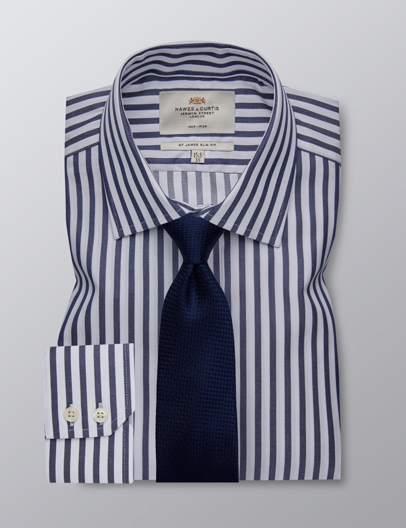 Mens Formal Navy And White Stripe Slim Fit Shirt Single Cuff Non