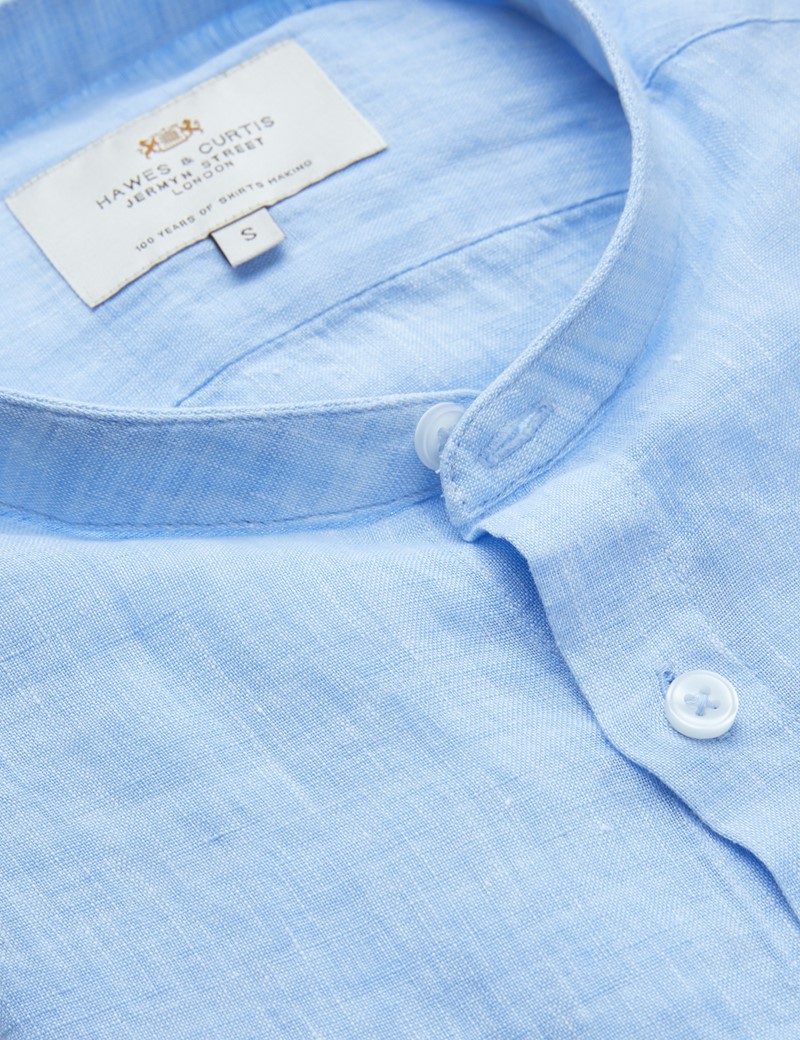 Linen Collarless Relaxed Slim Fit Shirt In Light Blue Hawes And Curtis