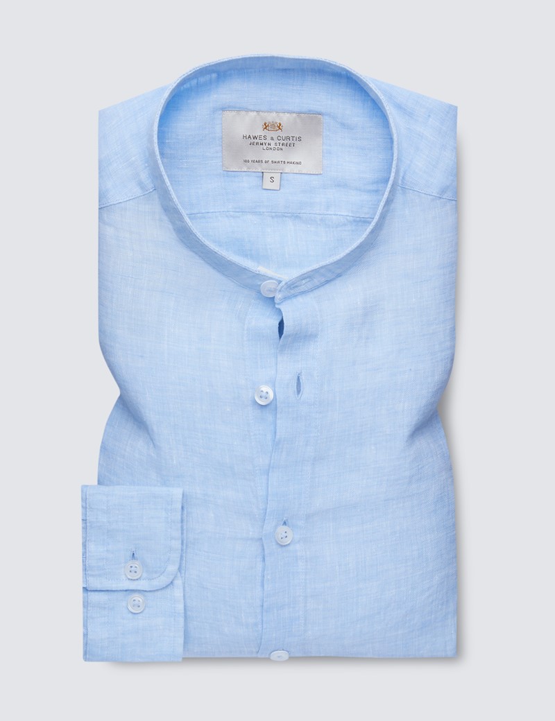 Linen Collarless Relaxed Slim Fit Shirt In Light Blue Hawes And Curtis