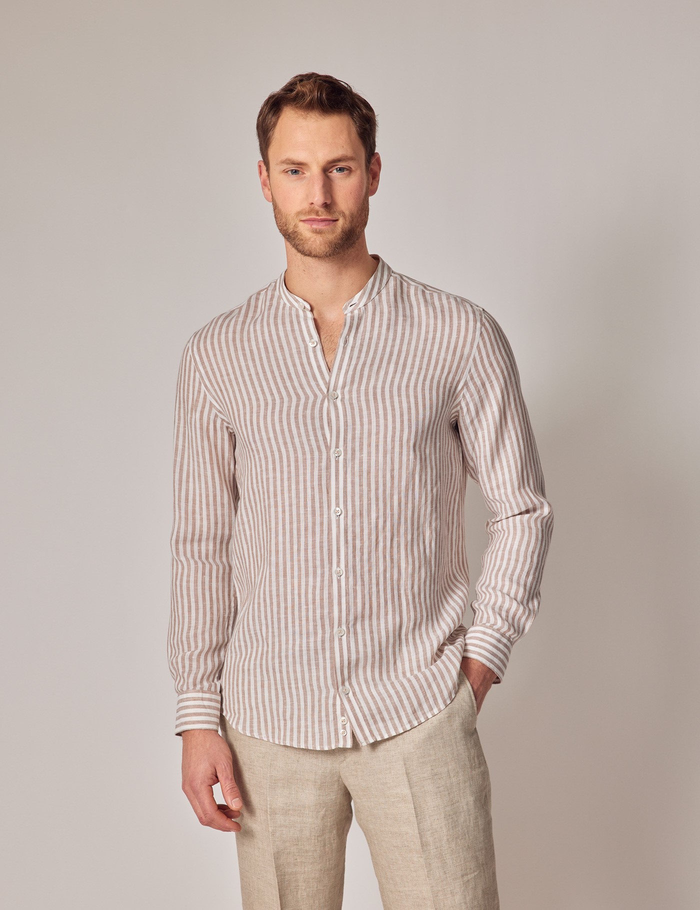Men s Brown White Stripe Collarless Linen Shirt
