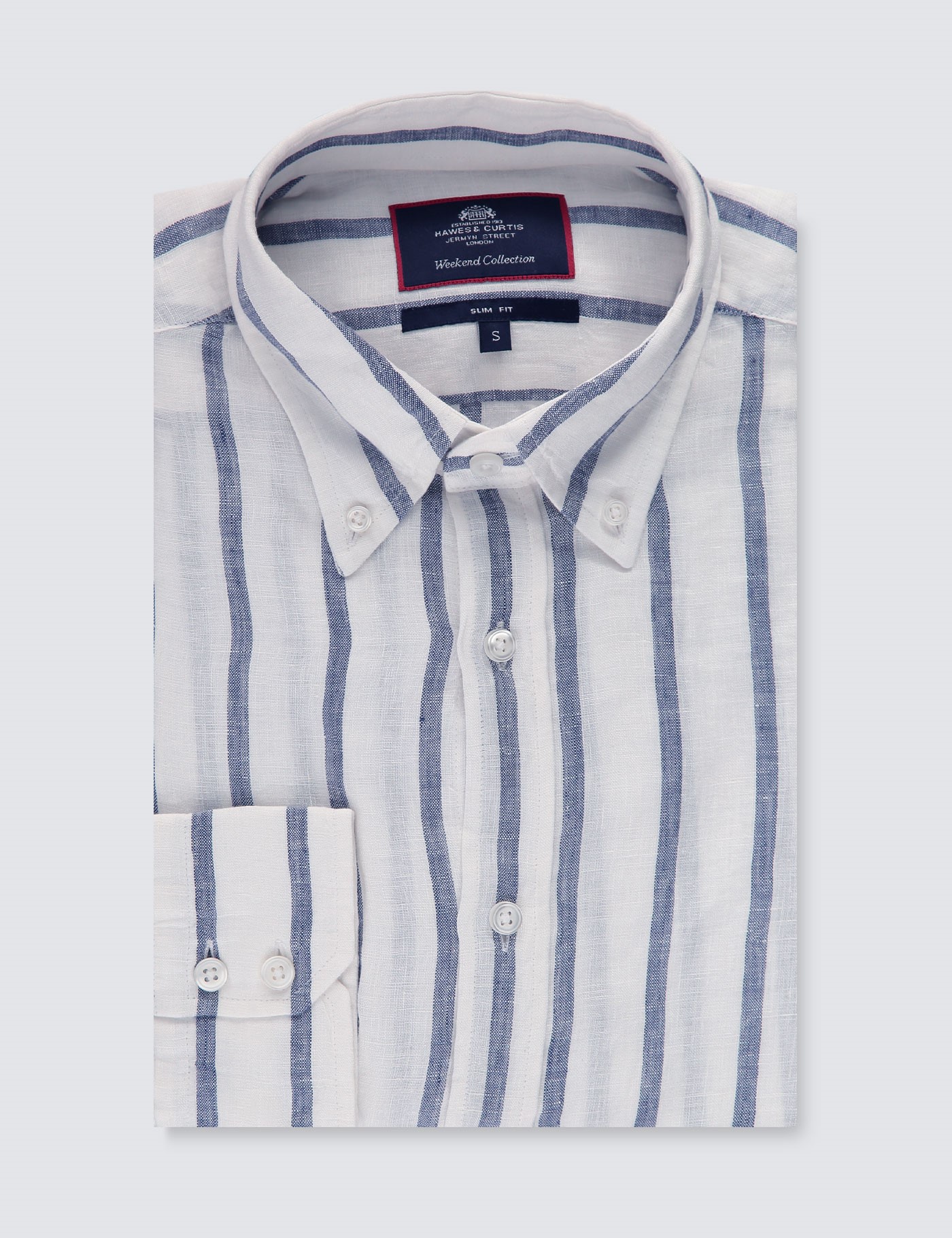 Mens White And Navy Stripe Slim Fit Linen Shirt Single Cuff Hawes
