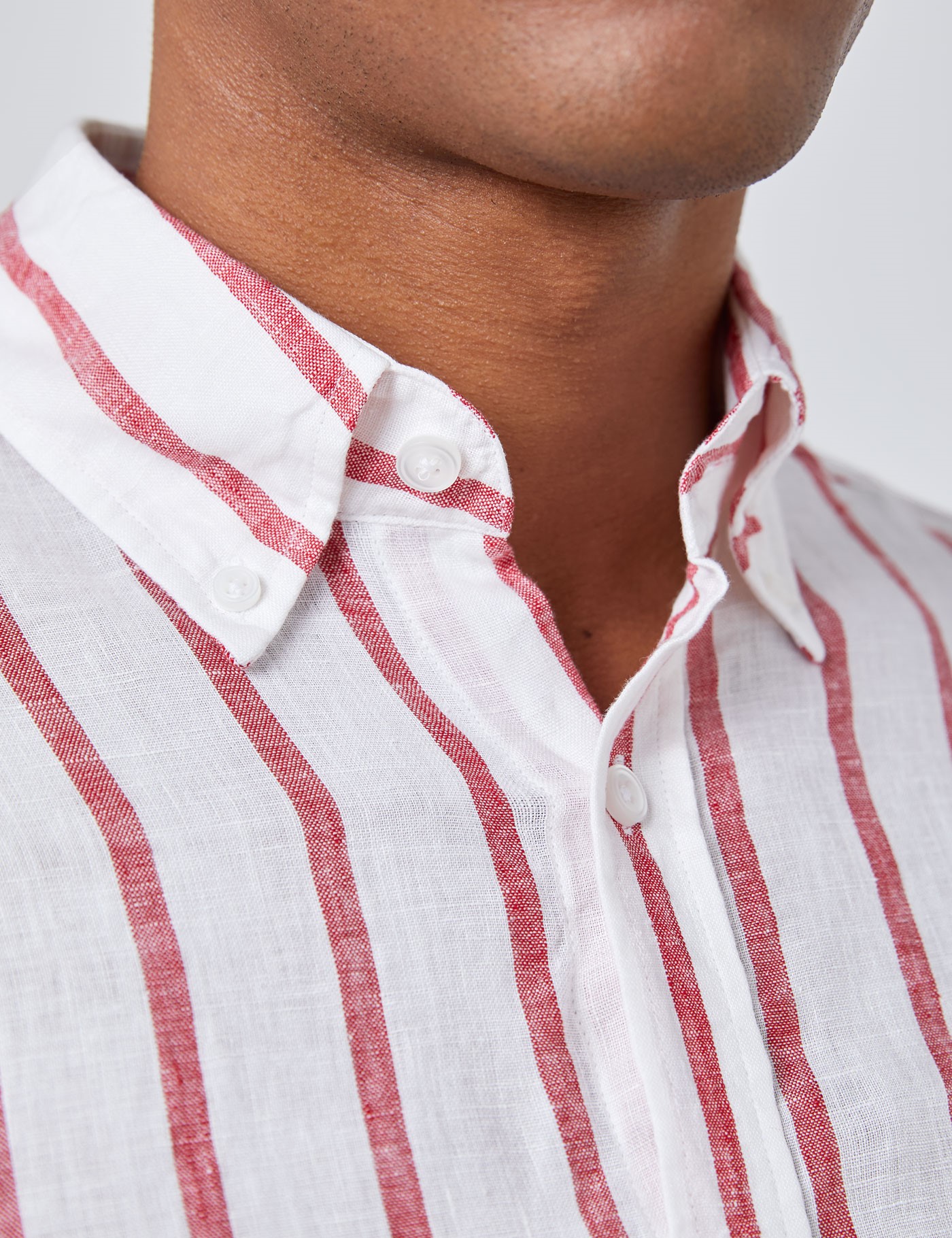 Mens White And Red Stripe Slim Fit Linen Shirt Single Cuff Hawes