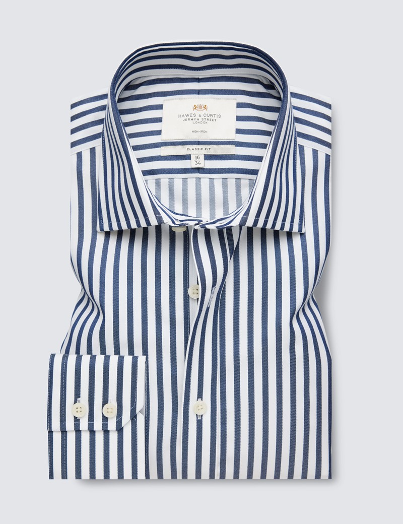 Mens Non Iron Navy And White Bold Stripe Classic Fit Shirt