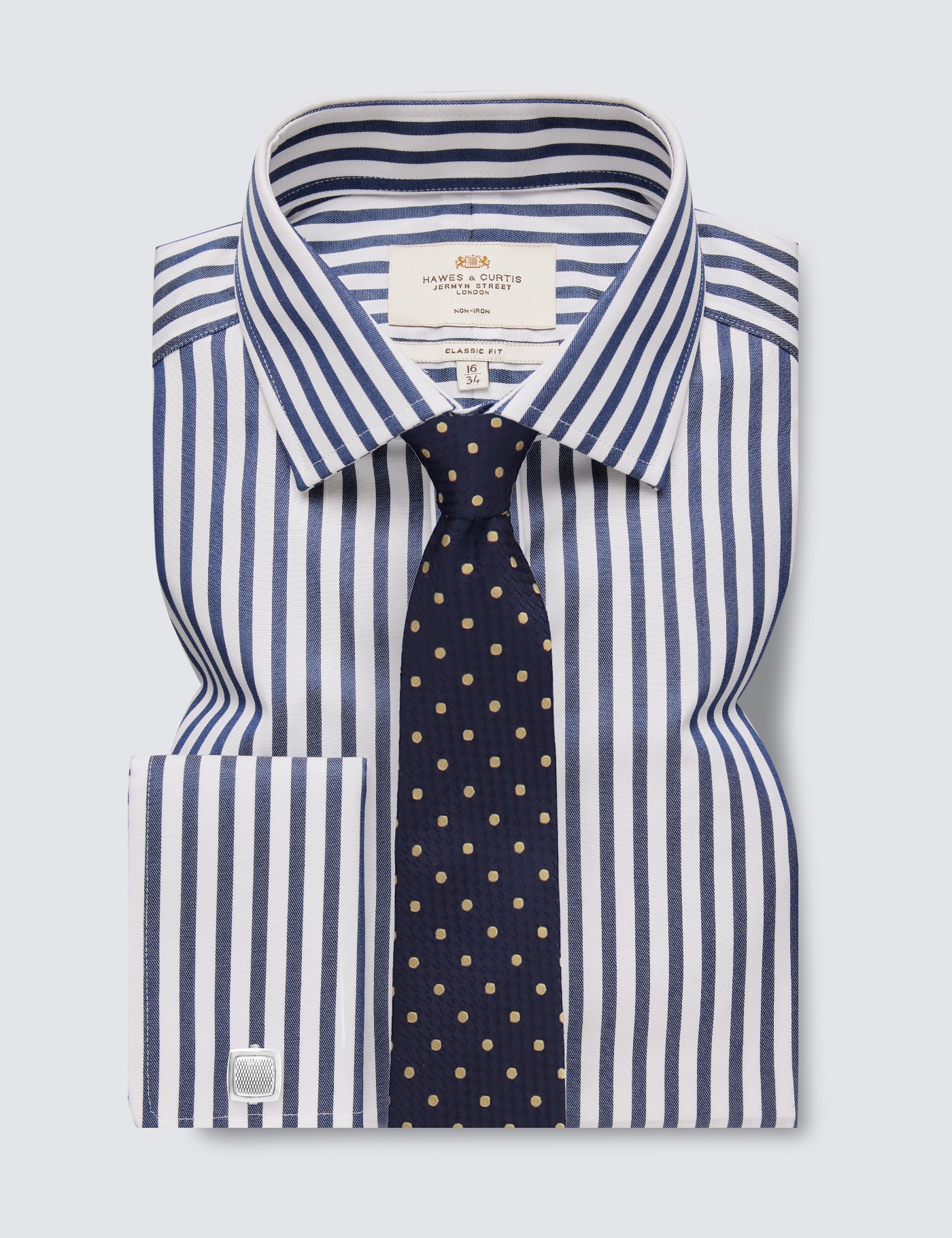 Non Iron Navy And White Bold Stripe Classic Fit Shirt Double Cuffs