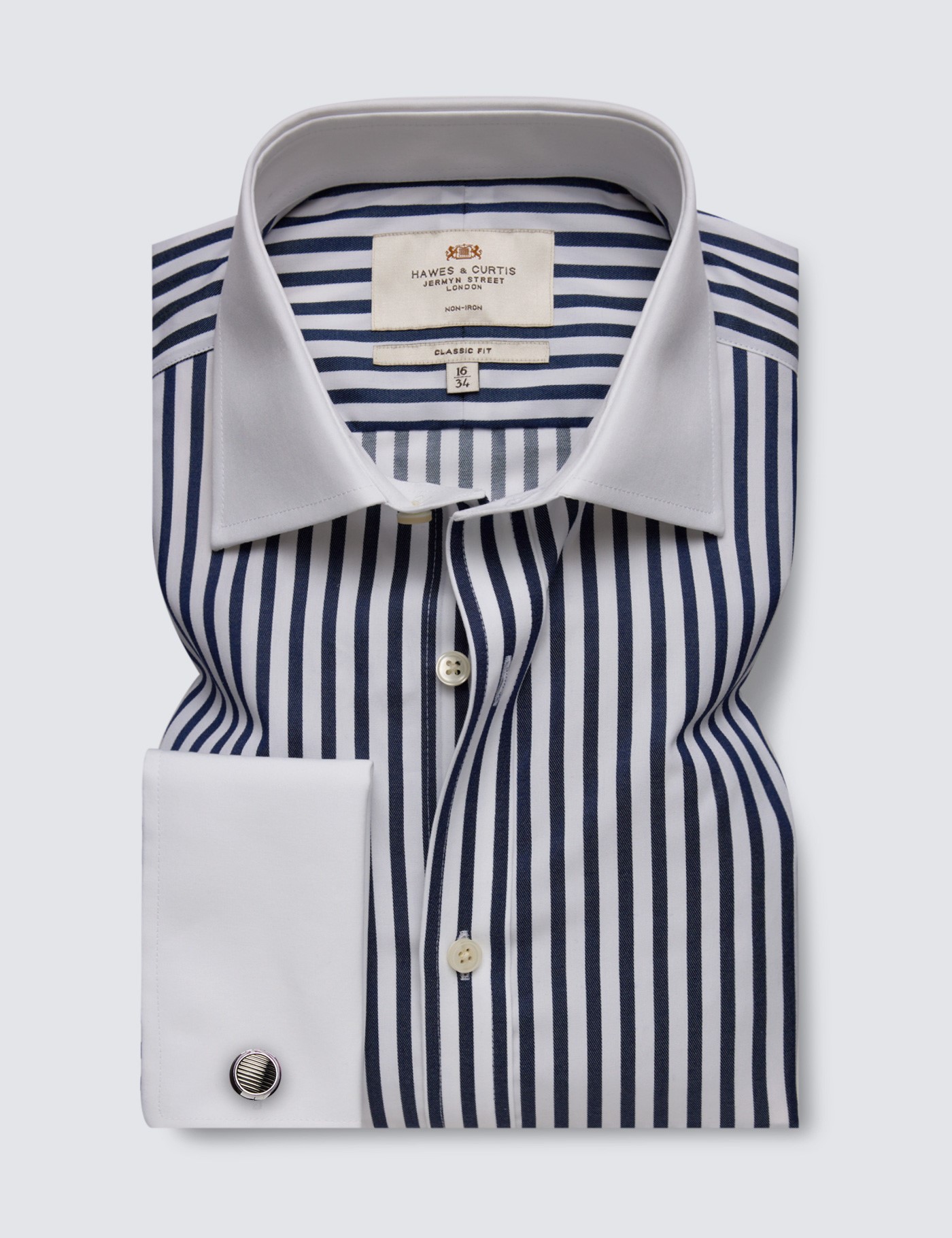 Non Iron Navy And White Bold Stripe Classic Shirt With White Collar